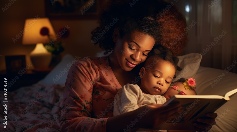 Lifestyle scenes of a mother reading a bedtime story to her child ...