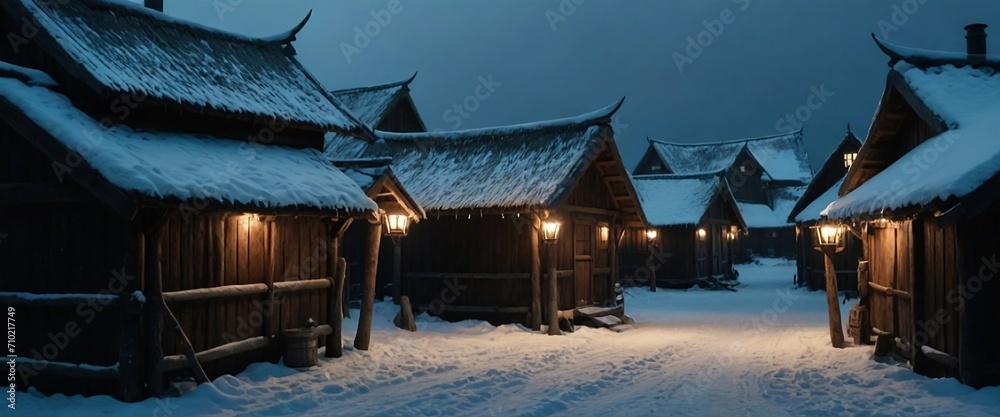 9th century Northern Europe Viking tribes in winter. Council hall ...