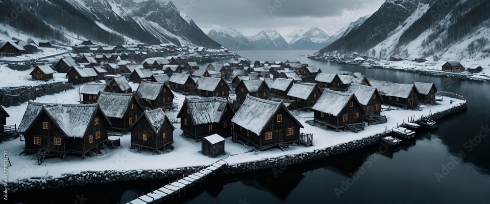 9th century Northern Europe Viking tribes in winter. Council hall ...