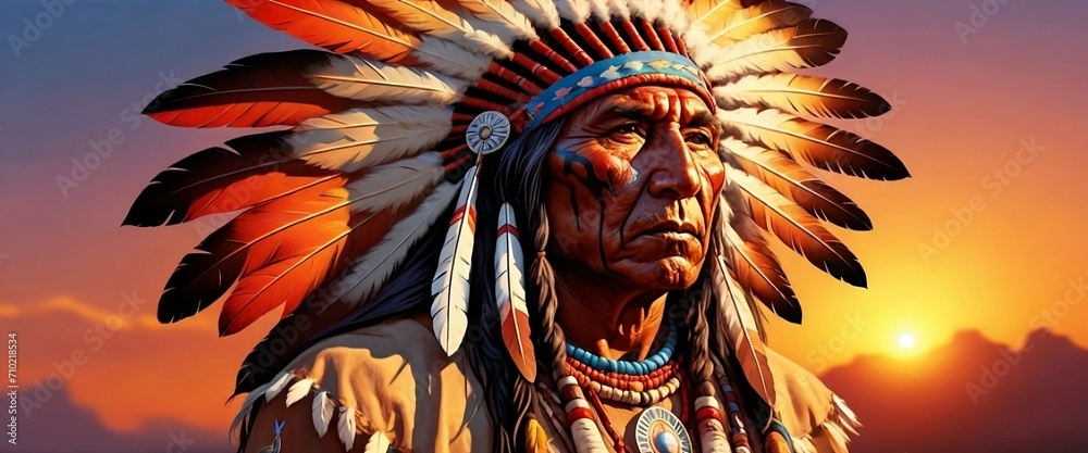 Native American Indian Chief at Sunset: Majestic Portrait of Tribal ...