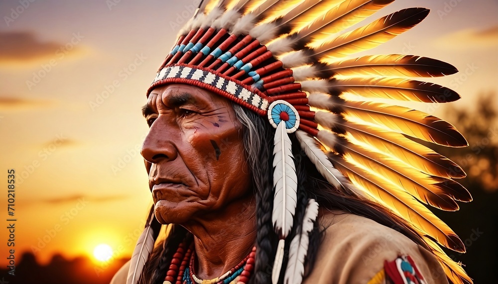 Native American Indian Chief at Sunset: Majestic Portrait of Tribal ...