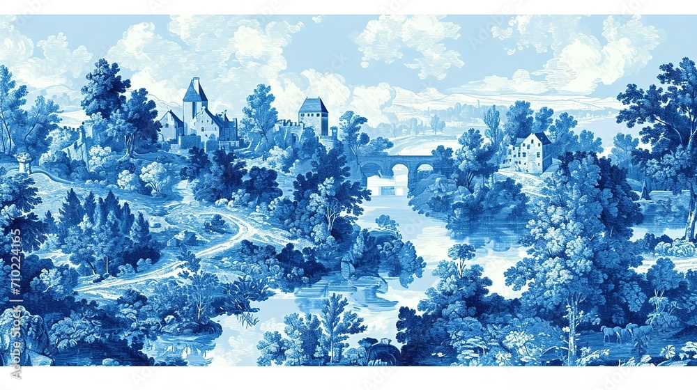 Toile de jouy pattern with countryside views with castles and houses ...