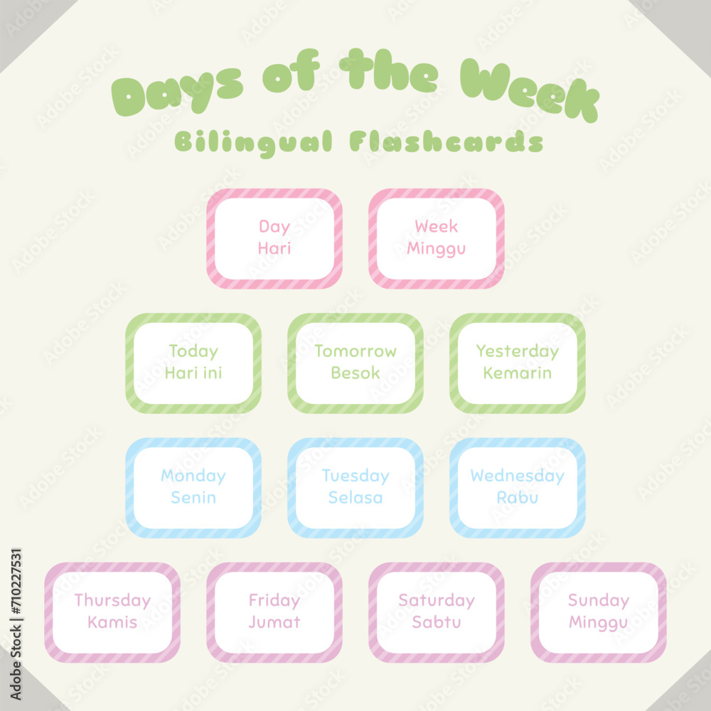 Days of the week bilingual colorful flashcard vector set. Printable ...