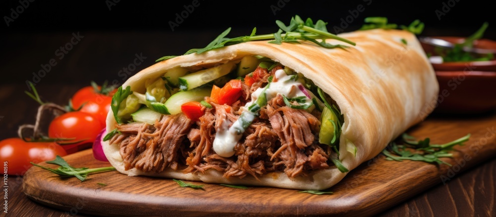 Tasty street snack with veal and vegetables in a doner kebab pocket ...