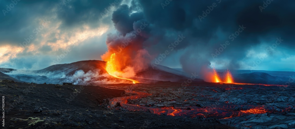 Daytime volcanic eruption on Reykjanes peninsula with lava shooting ...