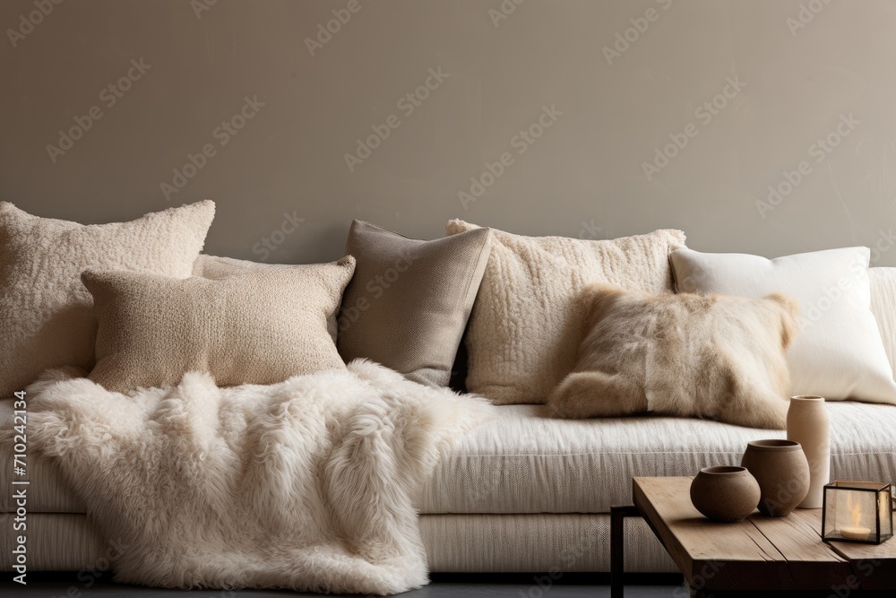 Neutral colored textured layers on the cushion sofa and throw for ...