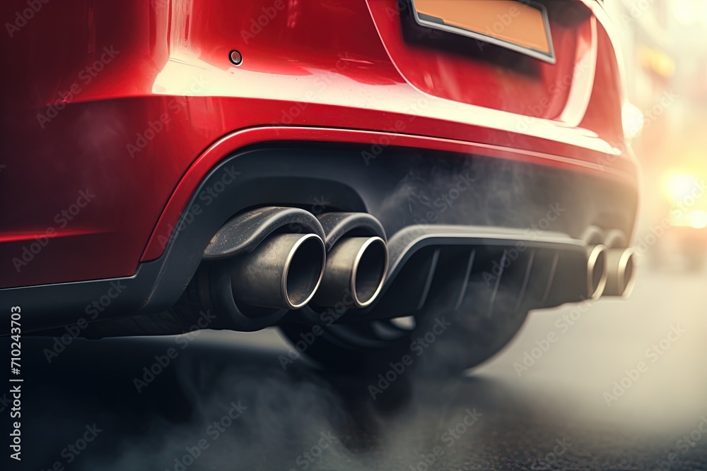Smoke surrounds the red car s dual exhaust pipe in a close up shot ...