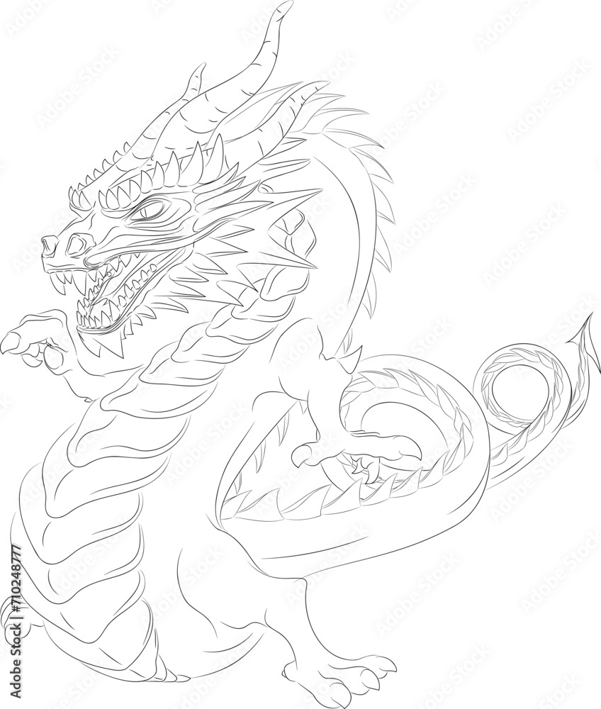 Line art of dancing dragon without wings Vector illustration of an ...