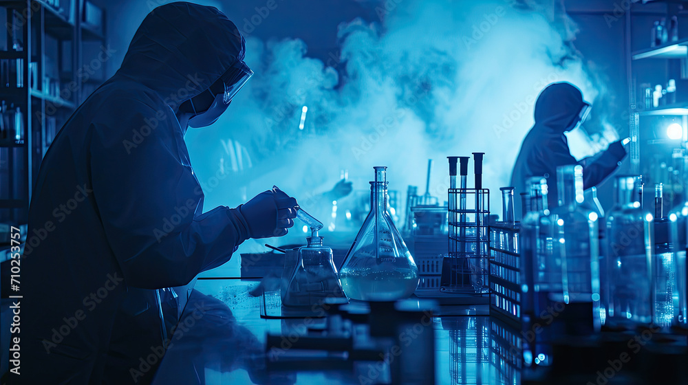 In a chemistry lab, a scientist carefully poured a blue liquid from a ...