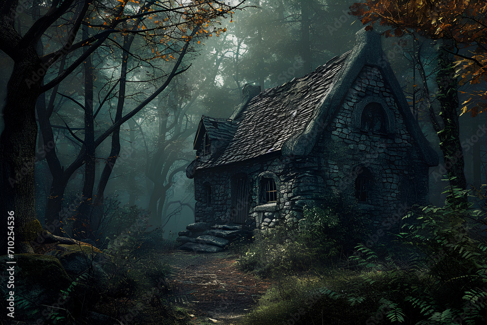 A foreboding gray house stands amidst the darkness of a dense, eerie ...