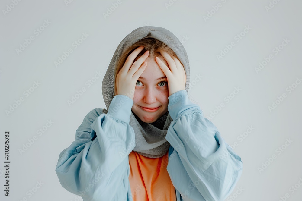 a young woman with a shy, slightly embarrassed look on her face is ...