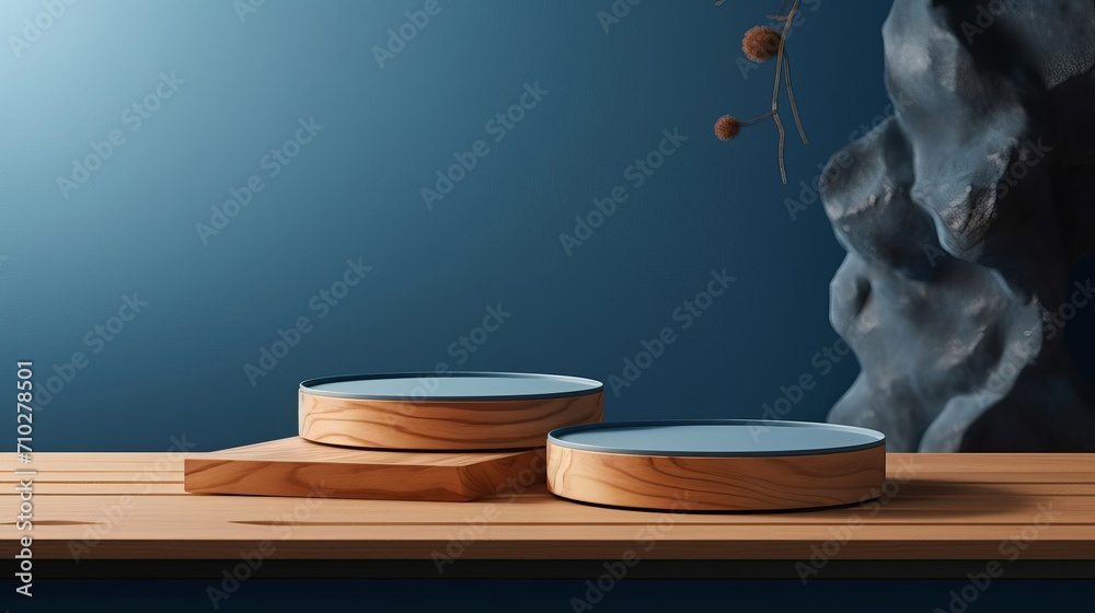 The Slate Blue background with a wooden podium. On top of the wooden ...