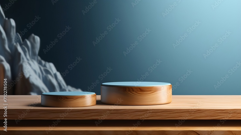 The Slate Blue background with a wooden podium. On top of the wooden ...