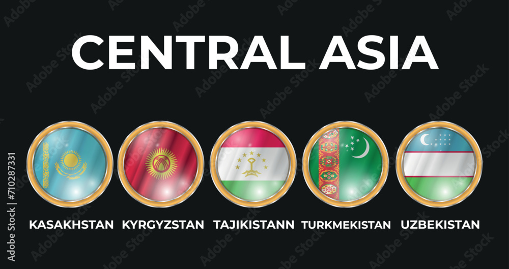 set of 3D illustrations of central Asian state flags in circle shape ...