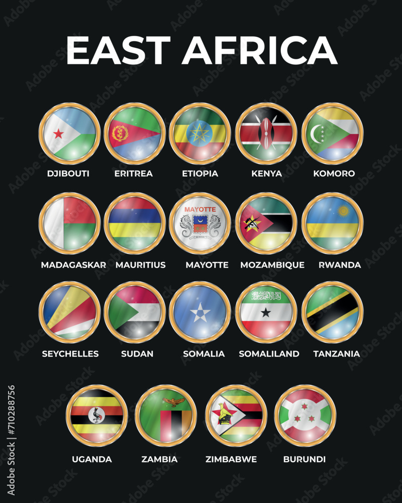 set of 3D illustrations of the flags of the countries of the East African region in a circular ...