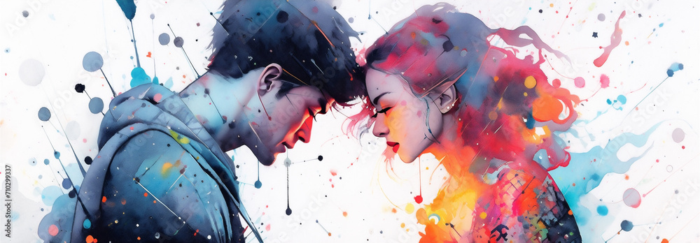 Vibrant Rainbow Colored Watercolor Painting, Young Couple in an Anime ...