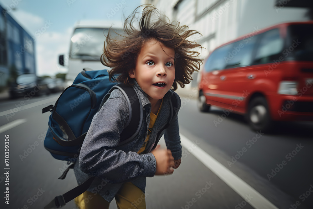 Schoolboy scared face with a backpack crosses a dangerous section of ...