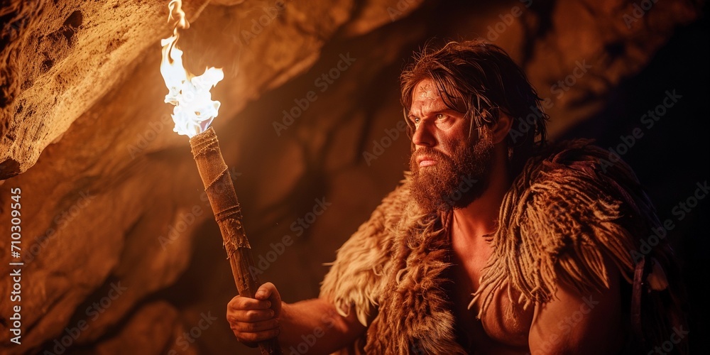 Caveman Wearing Animal Skin Exploring Cave At Night, Holding Torch with ...
