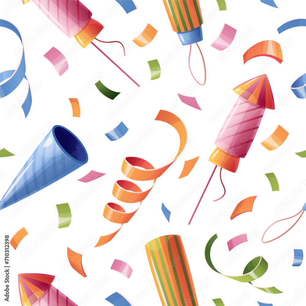 Seamless pattern with firecrackers, fireworks, confetti, serpentine ...