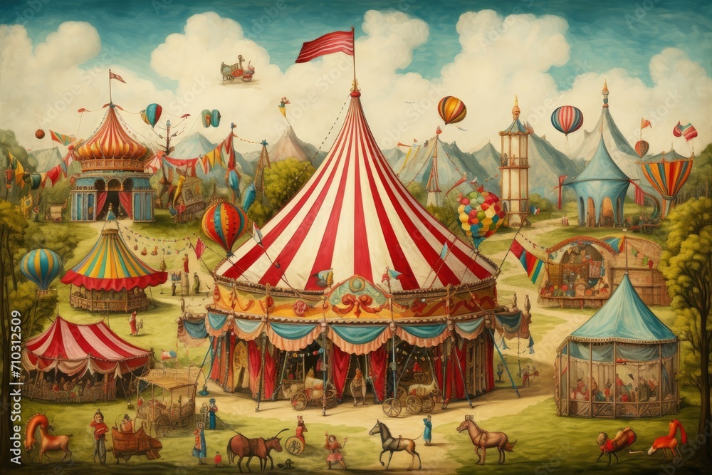 Painting of a Colorful Circus Scene With Circus Tent, Acrobats, and ...
