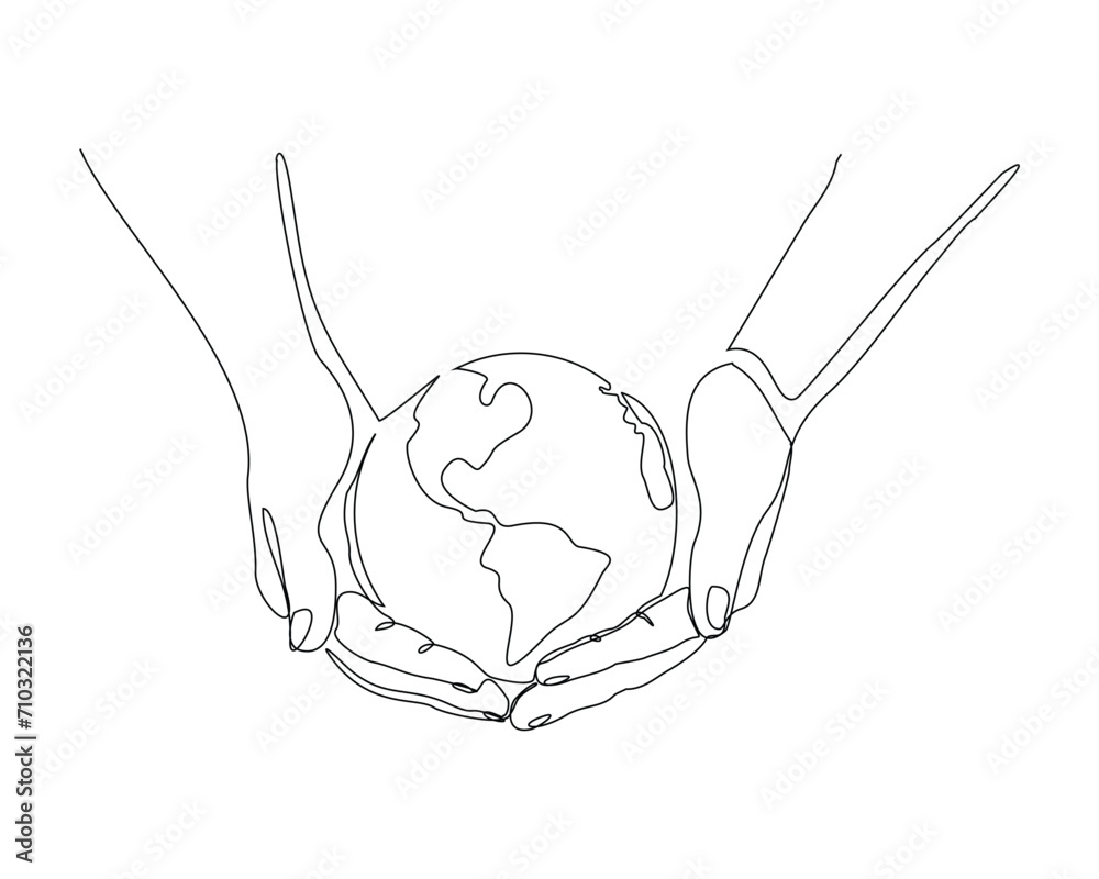 Continuous single line sketch drawing of palm hand holding earth globe ...