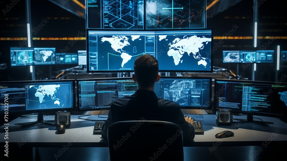 Rear view A professional IT technical support specialist, a programmer ...