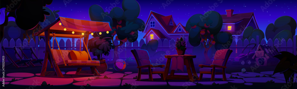 Night backyard garden with furniture and fence. Vector cartoon ...