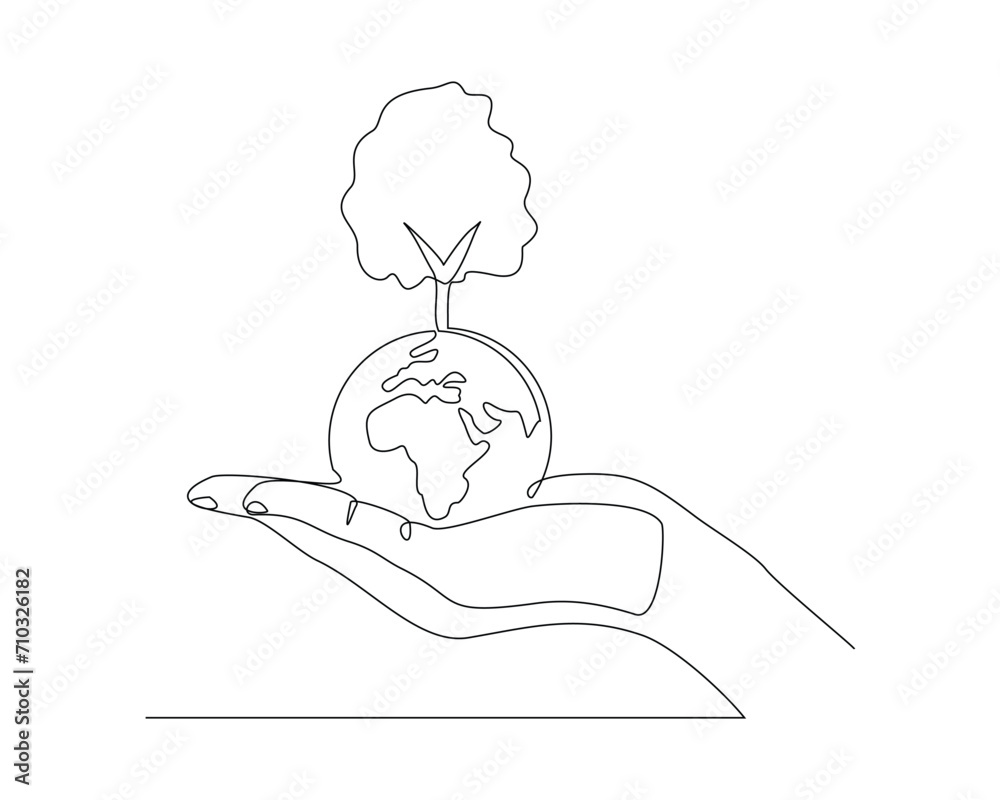 Continuous single line sketch drawing of palm hand holding earth globe ...