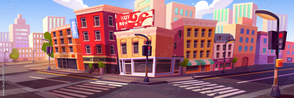 City street landscape with intersection of roads and corner of ...