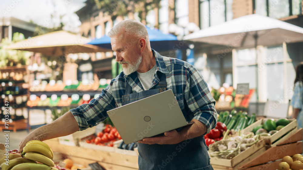 Successful Adult Male Farmer Working on a Laptop Computer, Checking ...