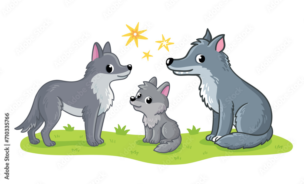 Cute family of wolves stands in a green meadow on a white background ...