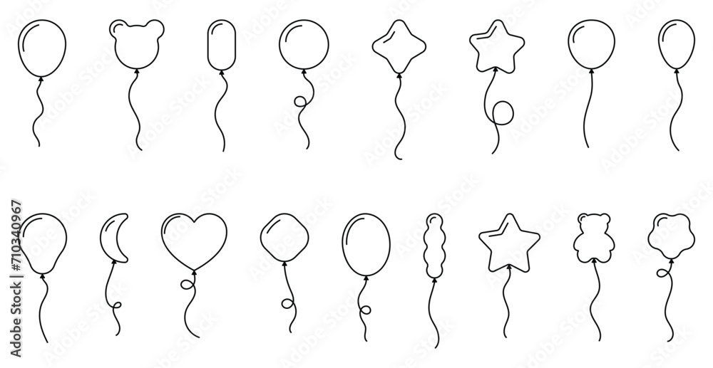 Balloon outline icons with string in line cartoon style. Different ...