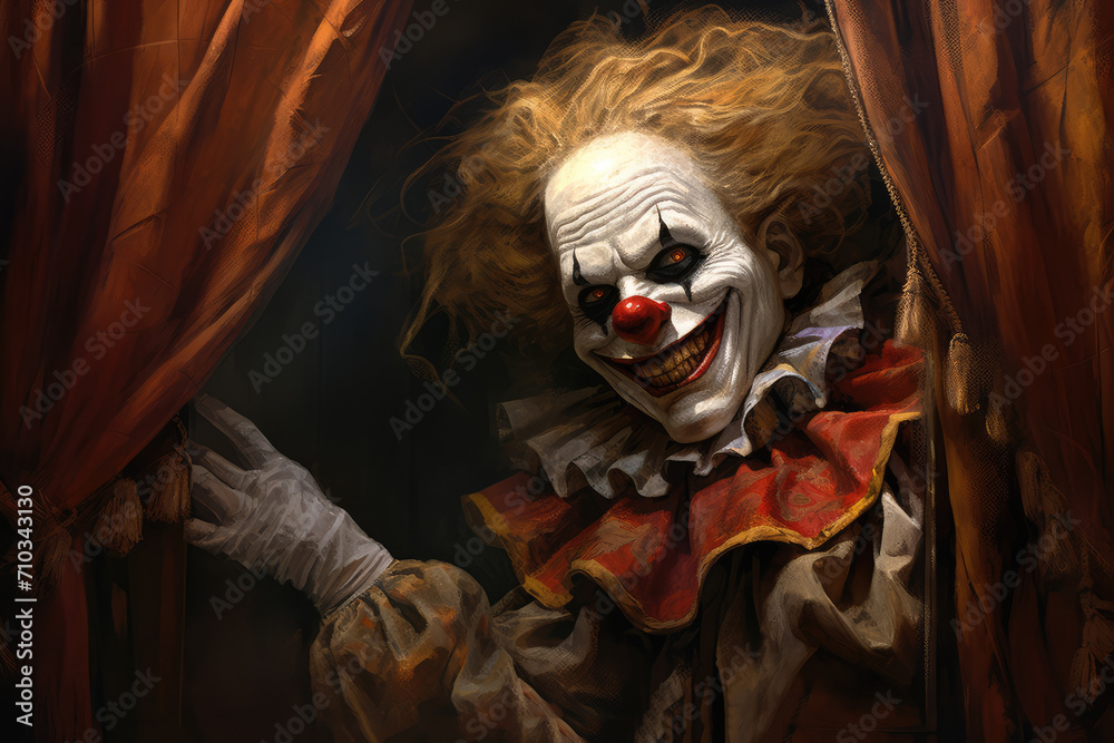 Frightful dangerous clown with a contorted smile, peeking out from ...
