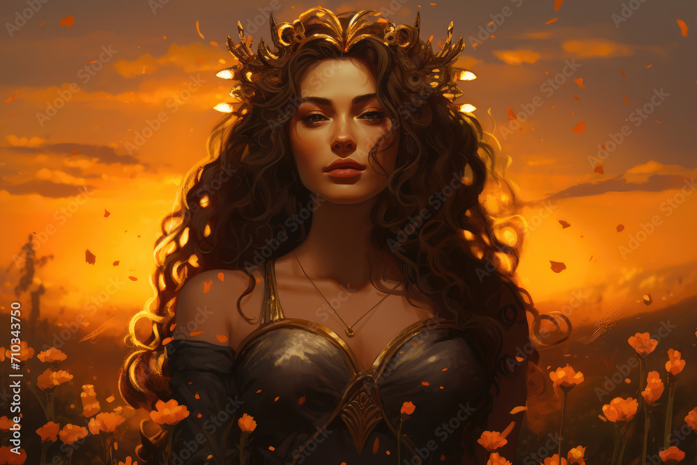 Illustration of Persephone, queen of the underworld, in a meadow of asphodel flowers ...