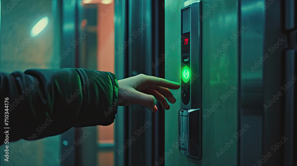 hand opens the door of a door with RFID technology, electronic access ...