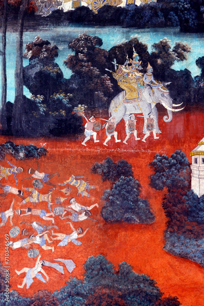 Royal palace complex. Murals of scenes from the Khmer (Reamker) version ...