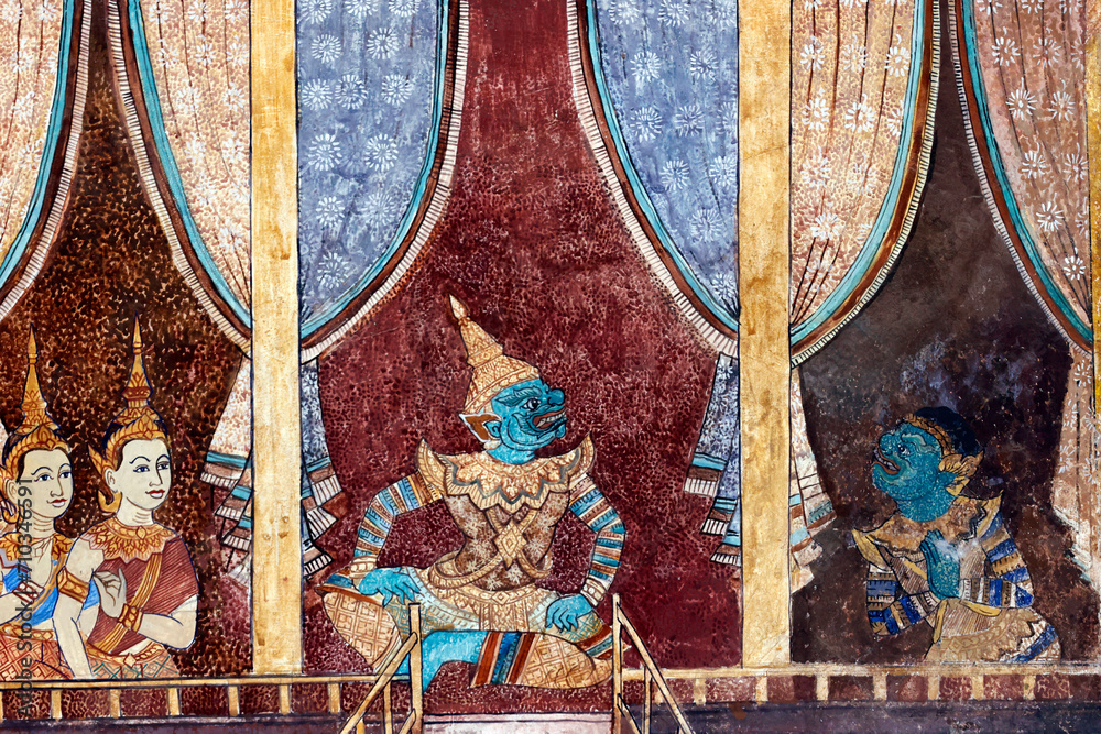 Royal palace complex. Murals of scenes from the Khmer (Reamker) version ...
