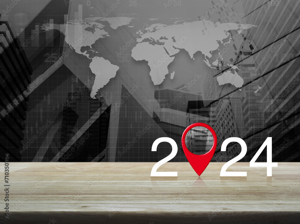 2024 letter with map pin location icon on table over black and white ...