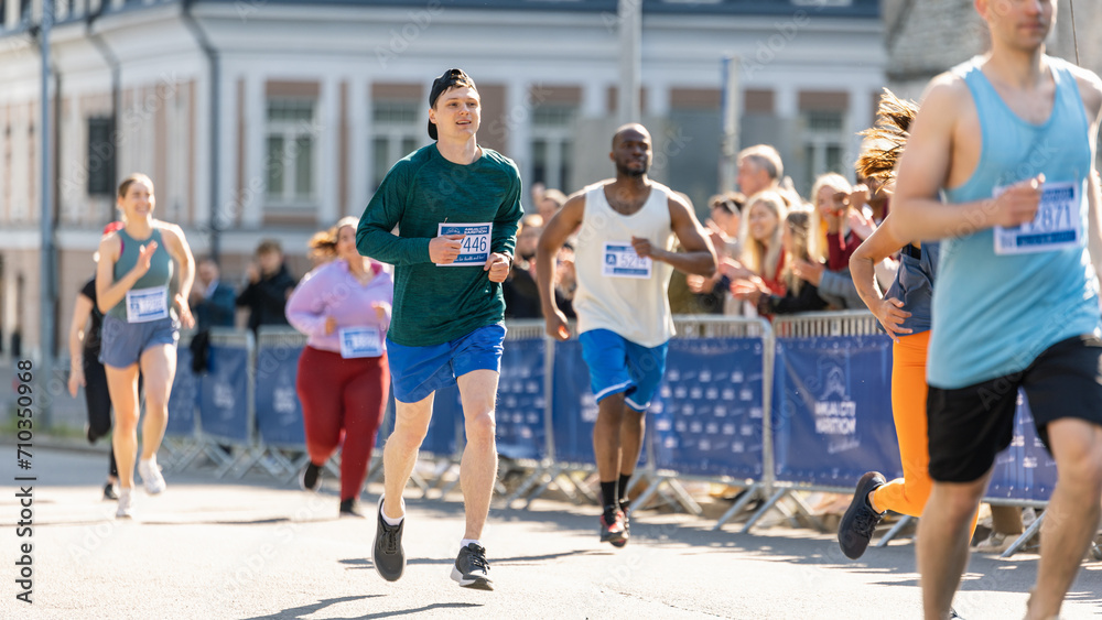 Smiling Group of People Participating in a City Marathon. Diverse Race ...