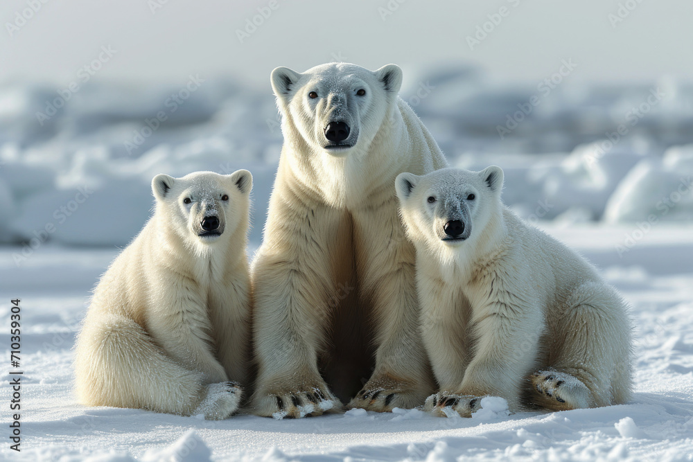 Three polar bears a family sit together in the snow showcasing the ...