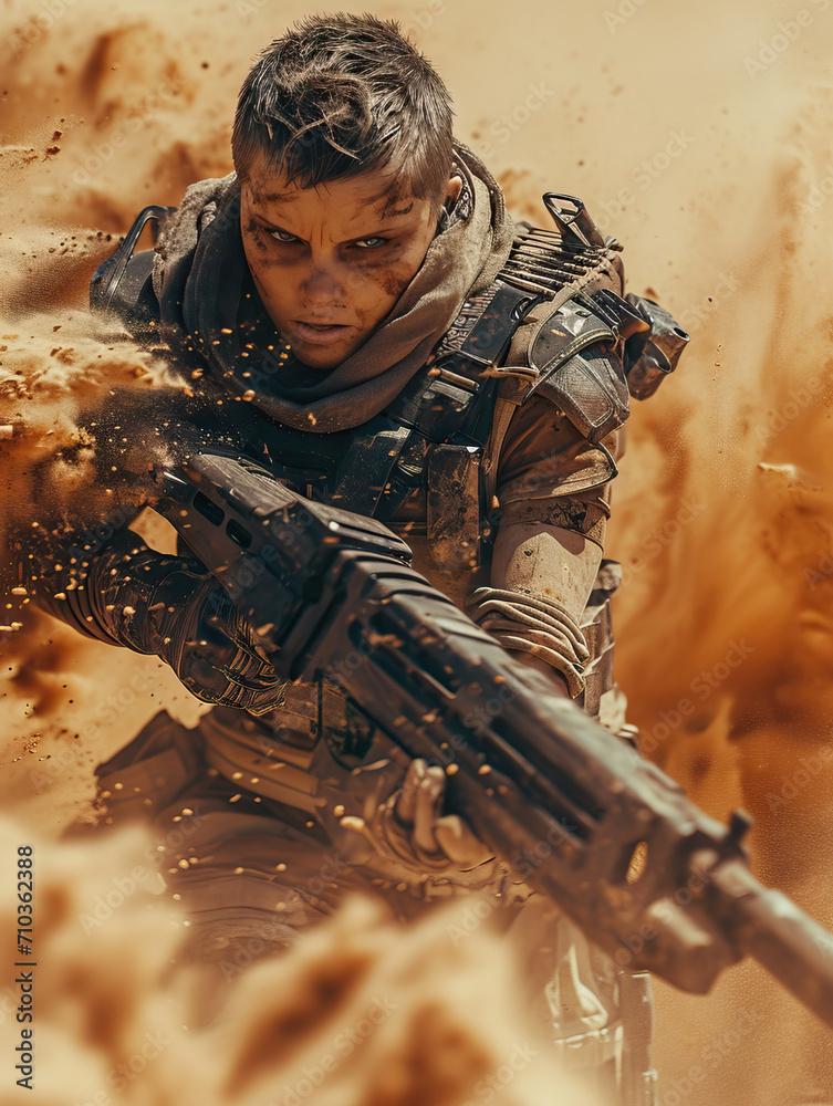 Foto de Futuristic female soldier bravely fighting in a sandstorm, a ...