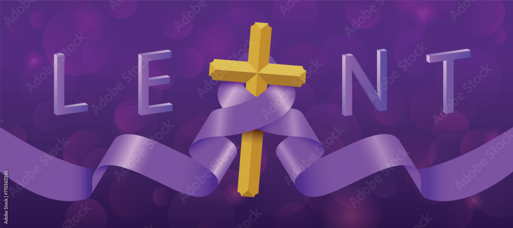 Poster LENT - 3D text and gold cross crucifix with purple ribbon roll ...