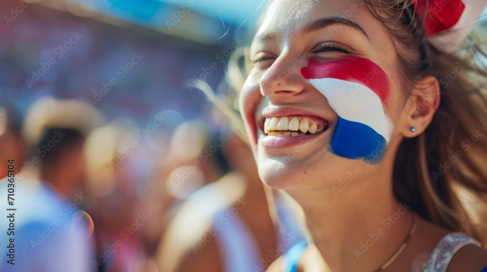 Happy Dutch woman supporter with face painted in Netherlands flag ...