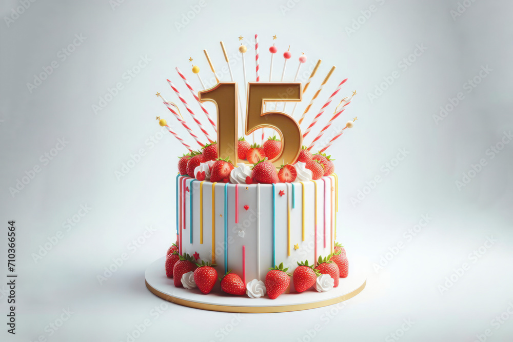 Birthday cake with number 15 on top isolated on solid white background ...