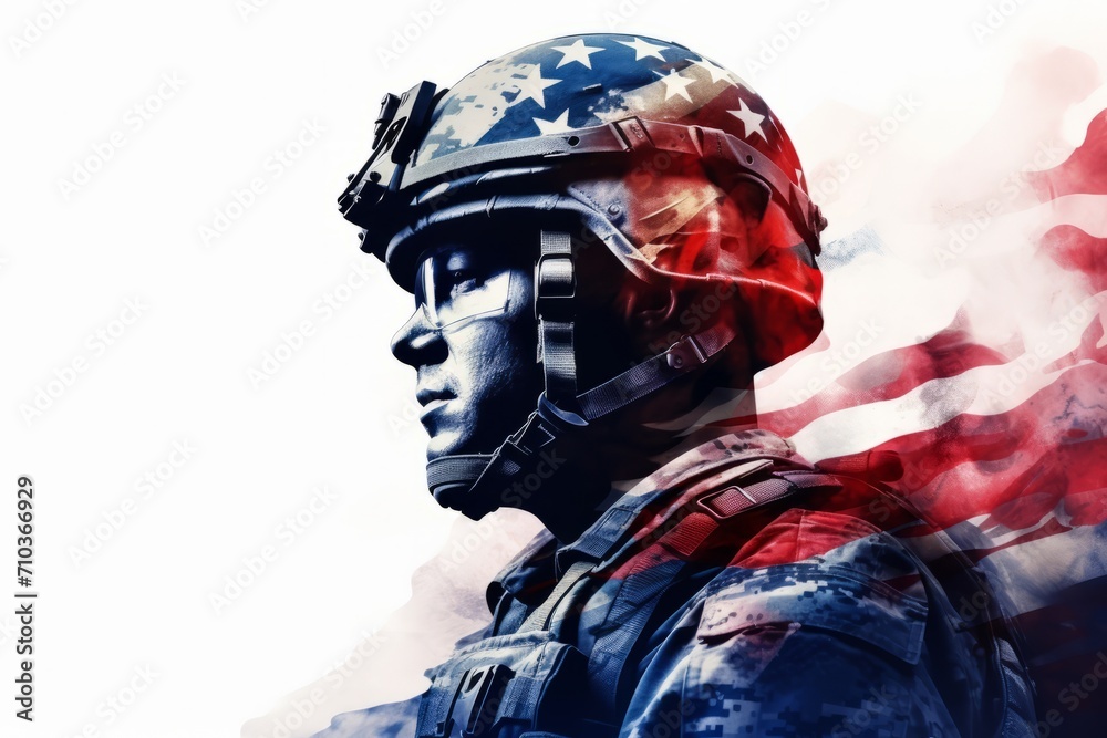 Patriotic soldier with American flag overlay on isolated white ...