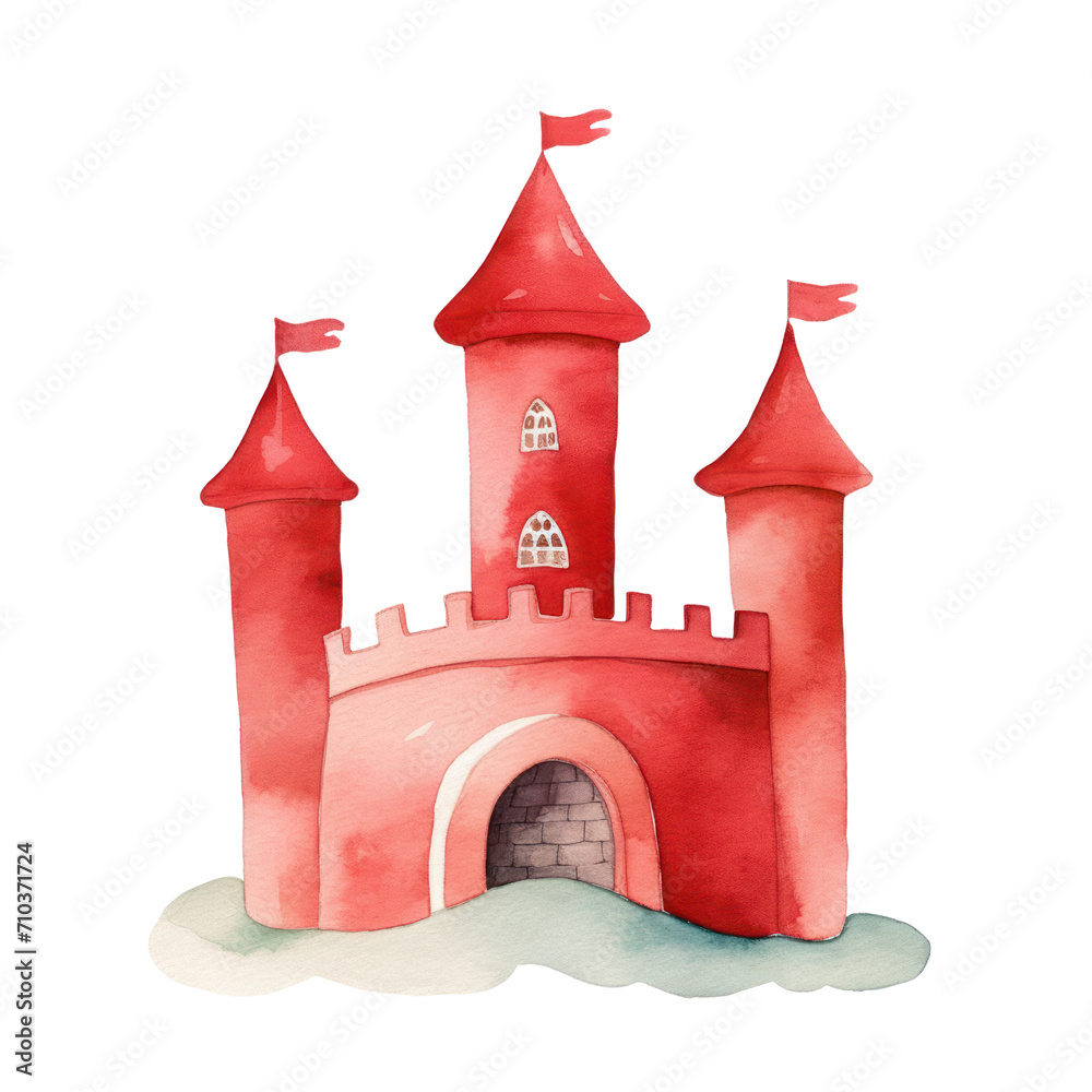 Watercolor illustration of red castle isolated on background ...