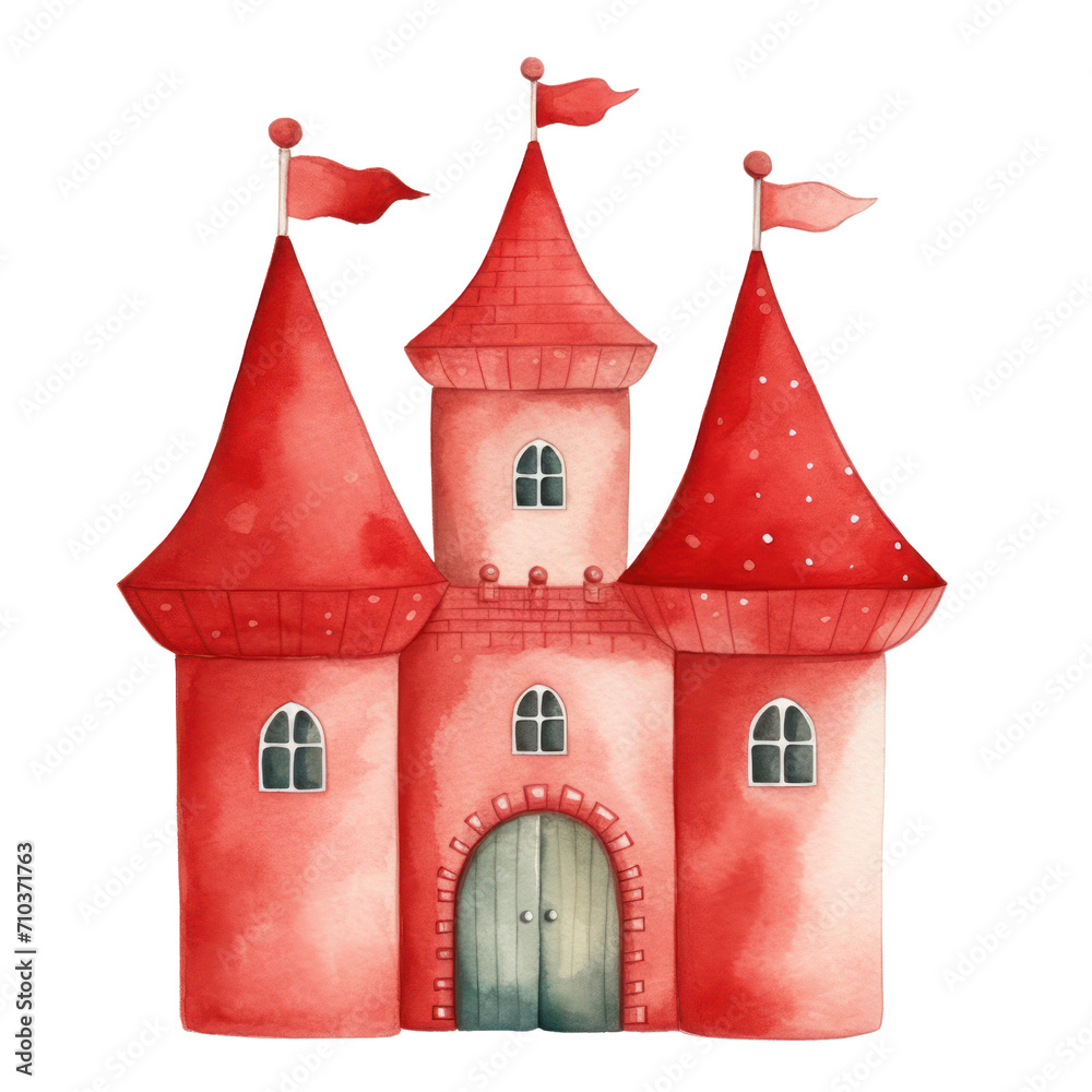 Watercolor illustration of red castle isolated on background ...