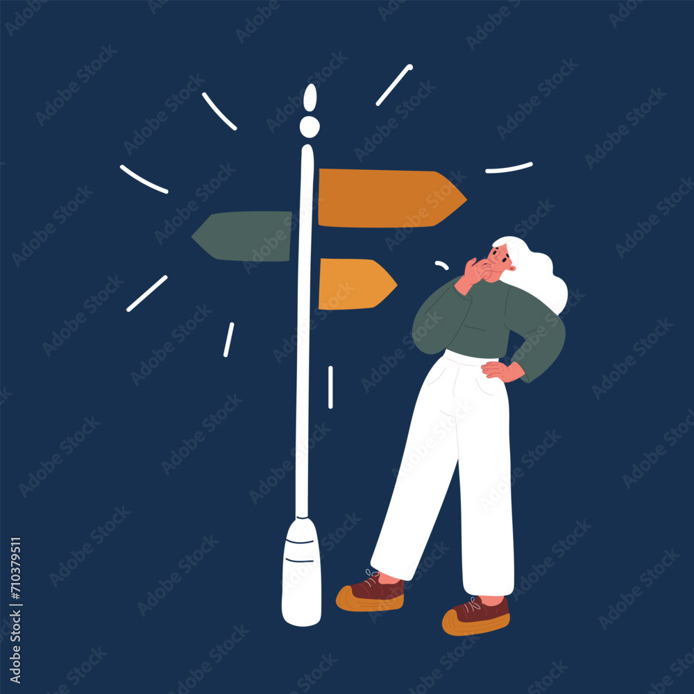 Cartoon vector illustration of woman looking into the future for new ...