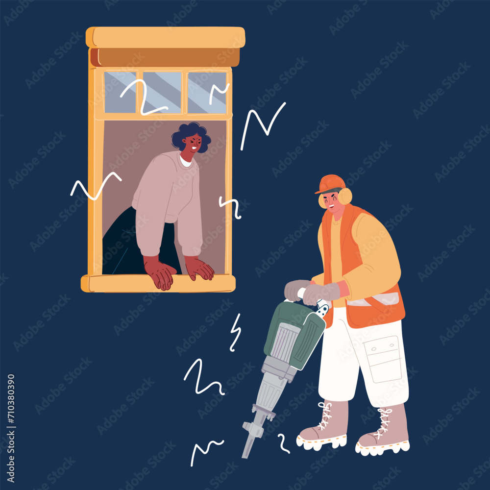 Cartoon vector illustration of Man hammering loud on road disturbing ...