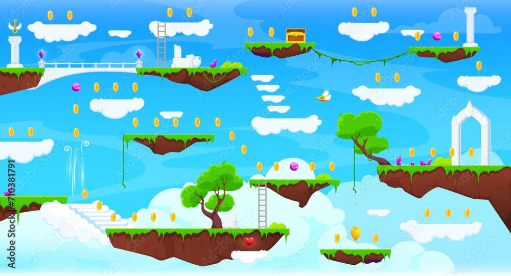 Arcade game level map with ground platforms and fluffy clouds in blue ...